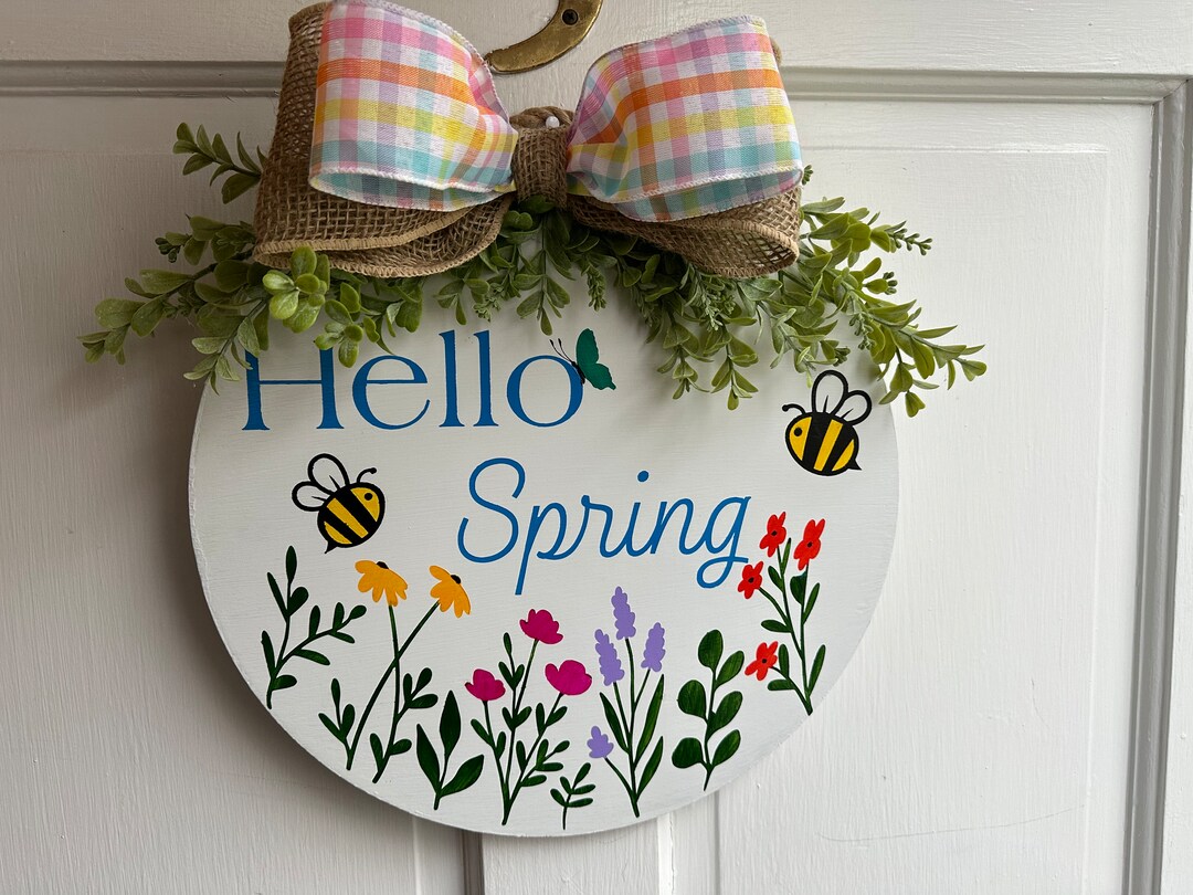 Hello Spring Door Hanger Hello Spring Front Door Hanger Front Door Sign ...