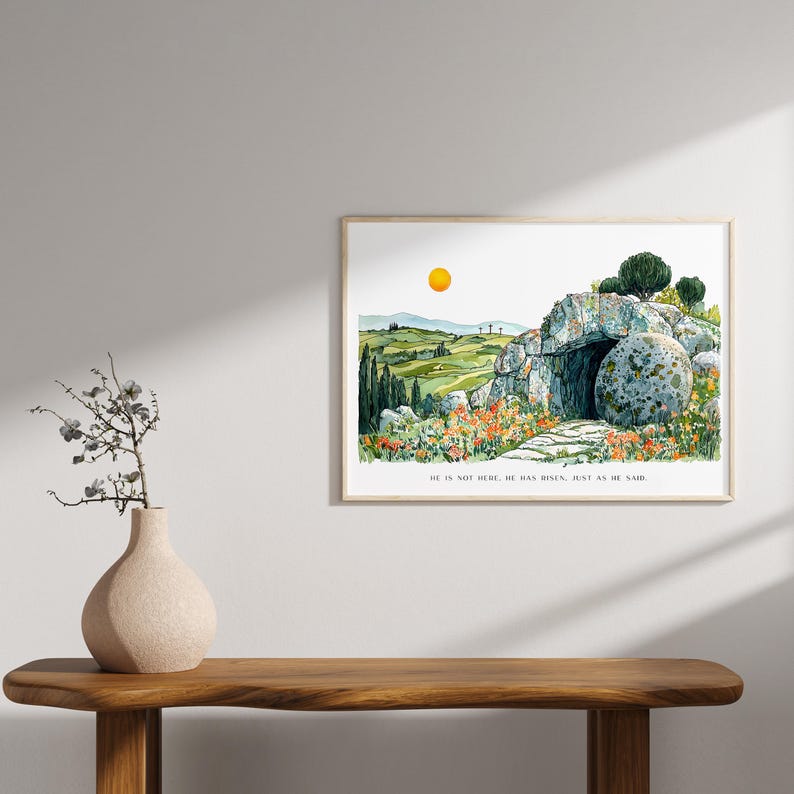 He Has Risen - Empty Tomb Bible Vrese Print- Christian Easter Painting ...