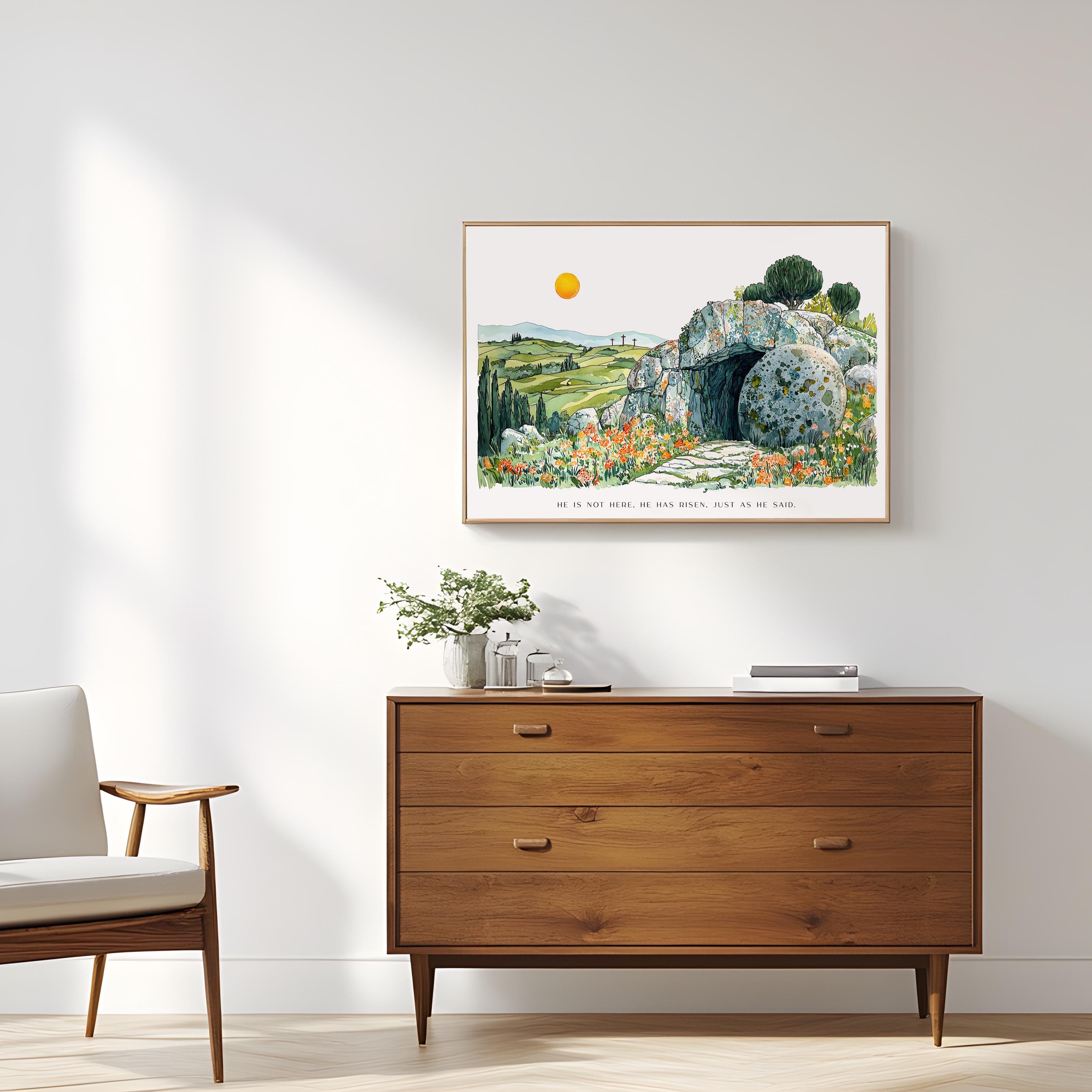 He Has Risen - Empty Tomb Bible Vrese Print- Christian Easter Painting ...