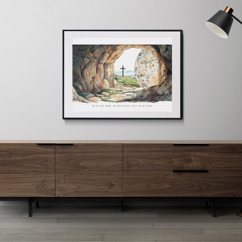Empty Tomb - He is Risen Bible Vrese Print- Christian Easter Painting ...