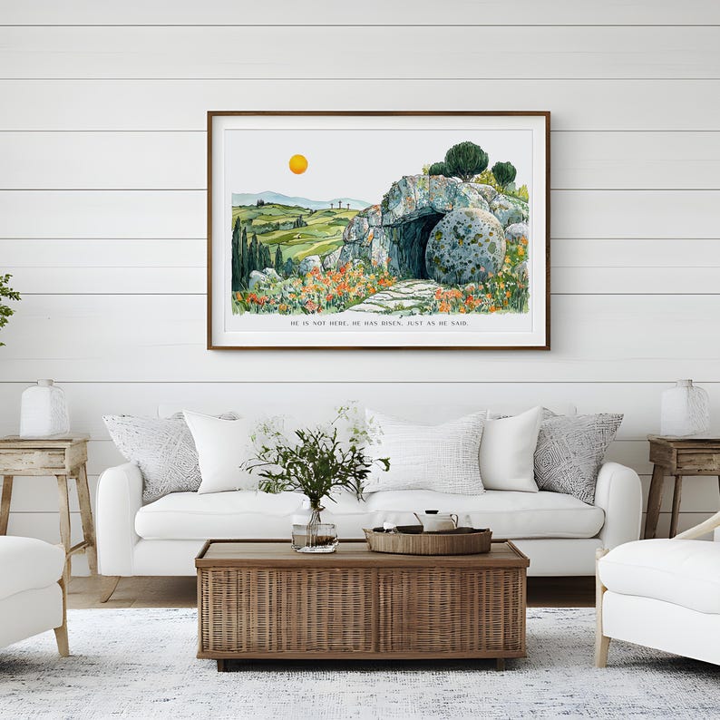 He Has Risen - Empty Tomb Bible Vrese Print- Christian Easter Painting ...