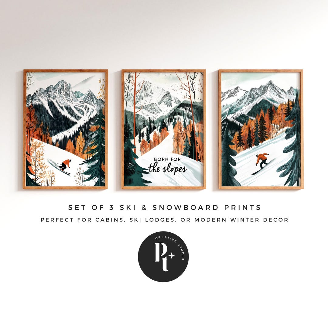 Skiing & Snowboarding Wall Art Set of 3, Born for the Slopes Quote ...
