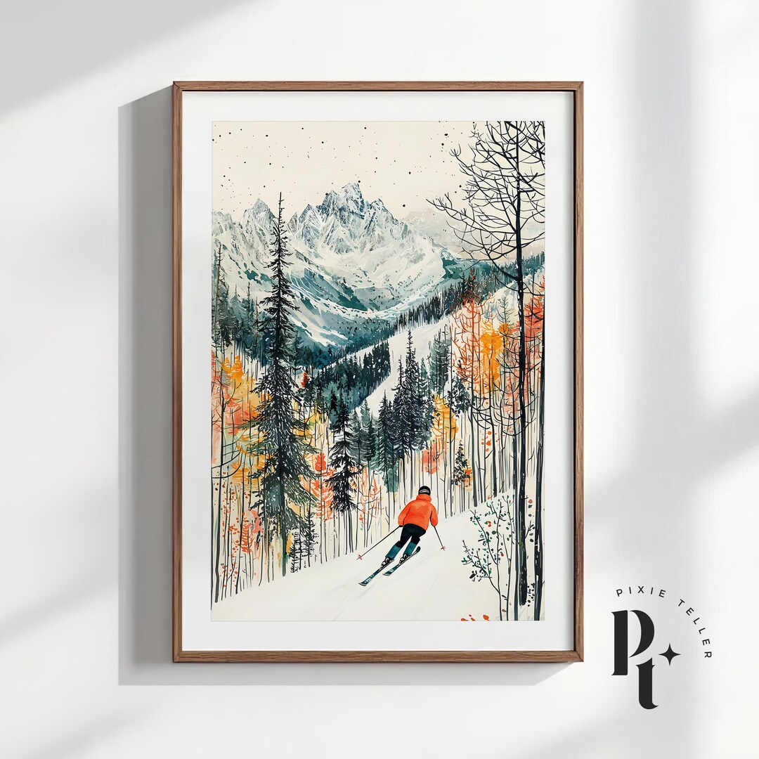Ski Adventure Poster Winter Sports Wall Art Skiing Action Print Snowy ...