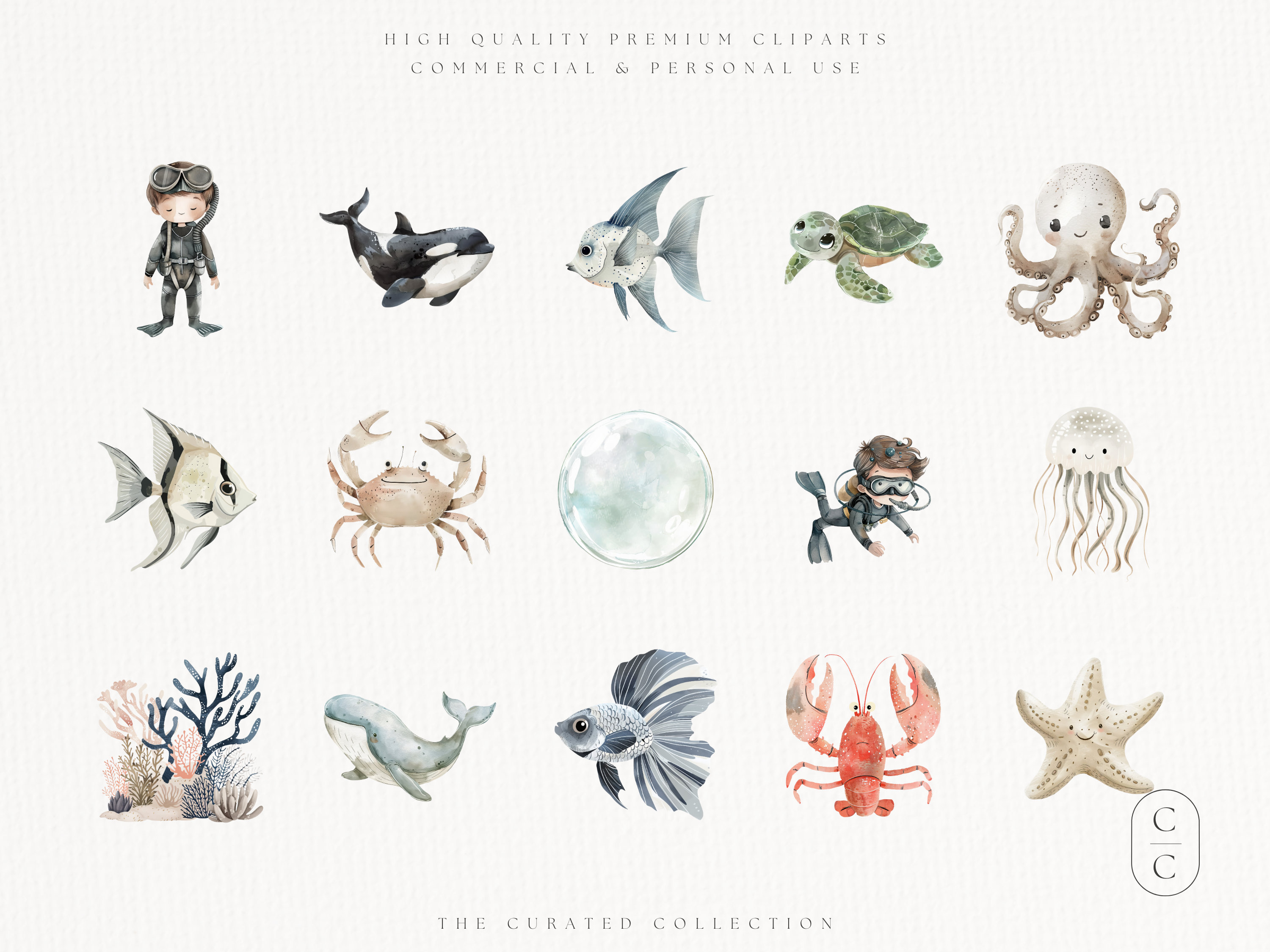 Watercolor Under the Sea Clipart, Scuba Diver, Save Oceans Wall Art ...