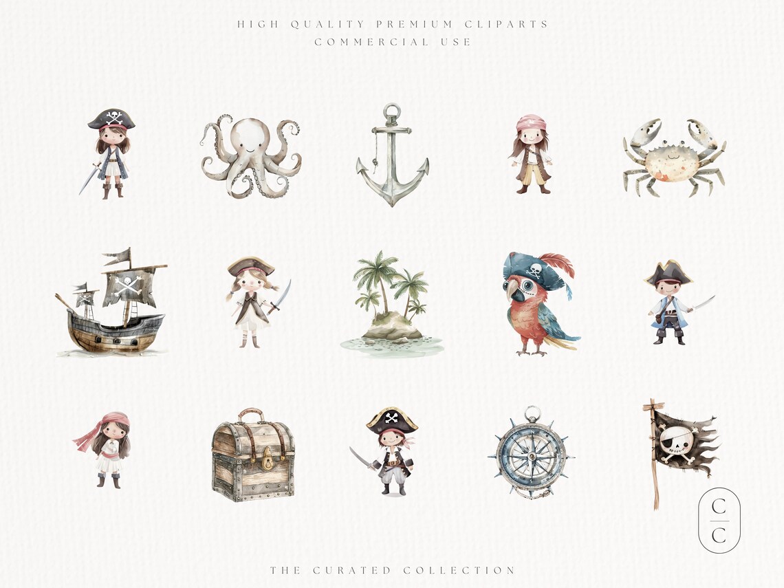 Watercolor Pirate Clipart, Kids Pirate Theme Birthday Party Clip Art ...