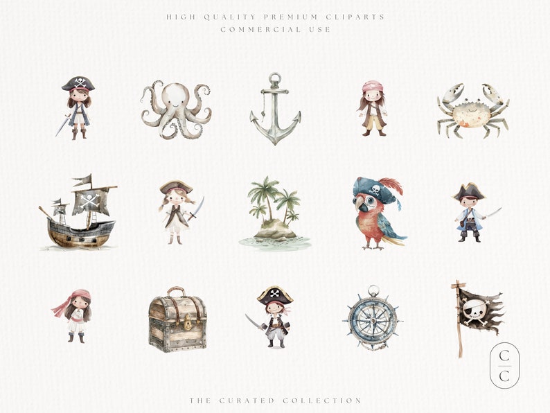 Watercolor Pirate Clipart, Kids Pirate Theme Birthday Party Clip Art ...