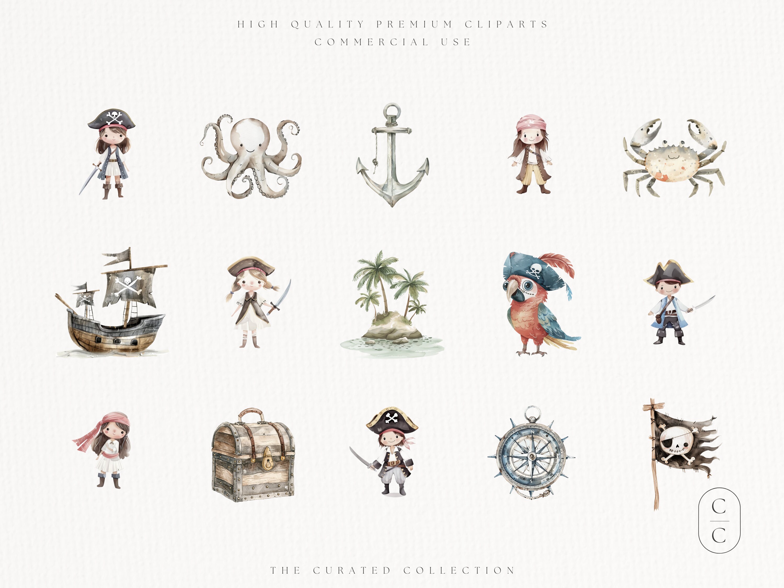 Watercolor Pirate Clipart, Kids Pirate Theme Birthday Party Clip Art ...