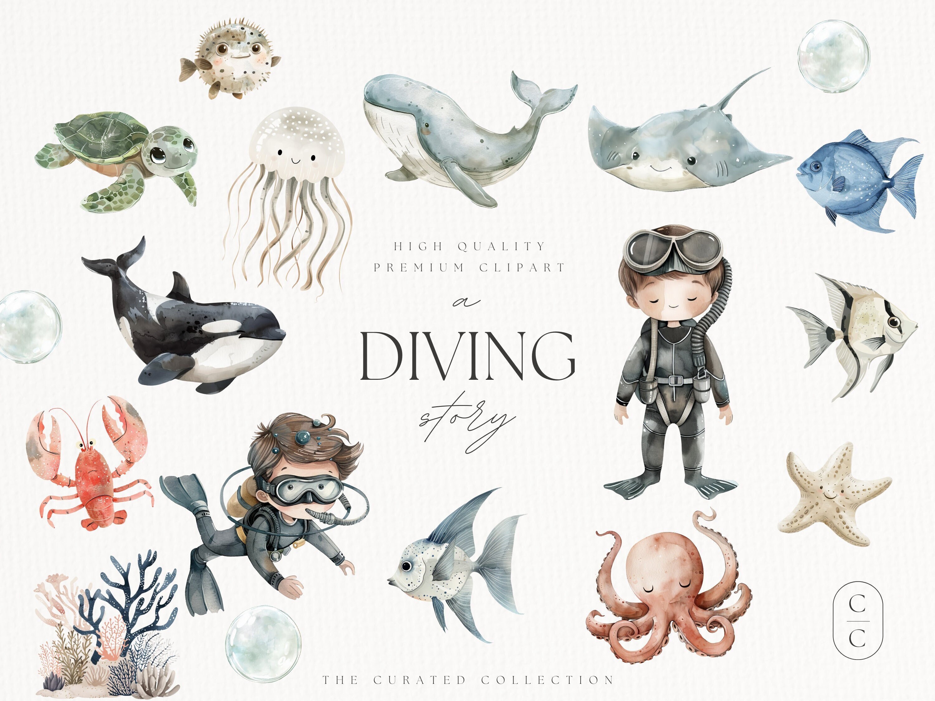 Watercolor Under the Sea Clipart, Scuba Diver, Save Oceans Wall Art ...
