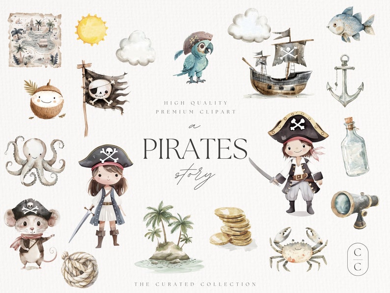 Watercolor Pirate Clipart, Kids Pirate Theme Birthday Party Clip Art ...