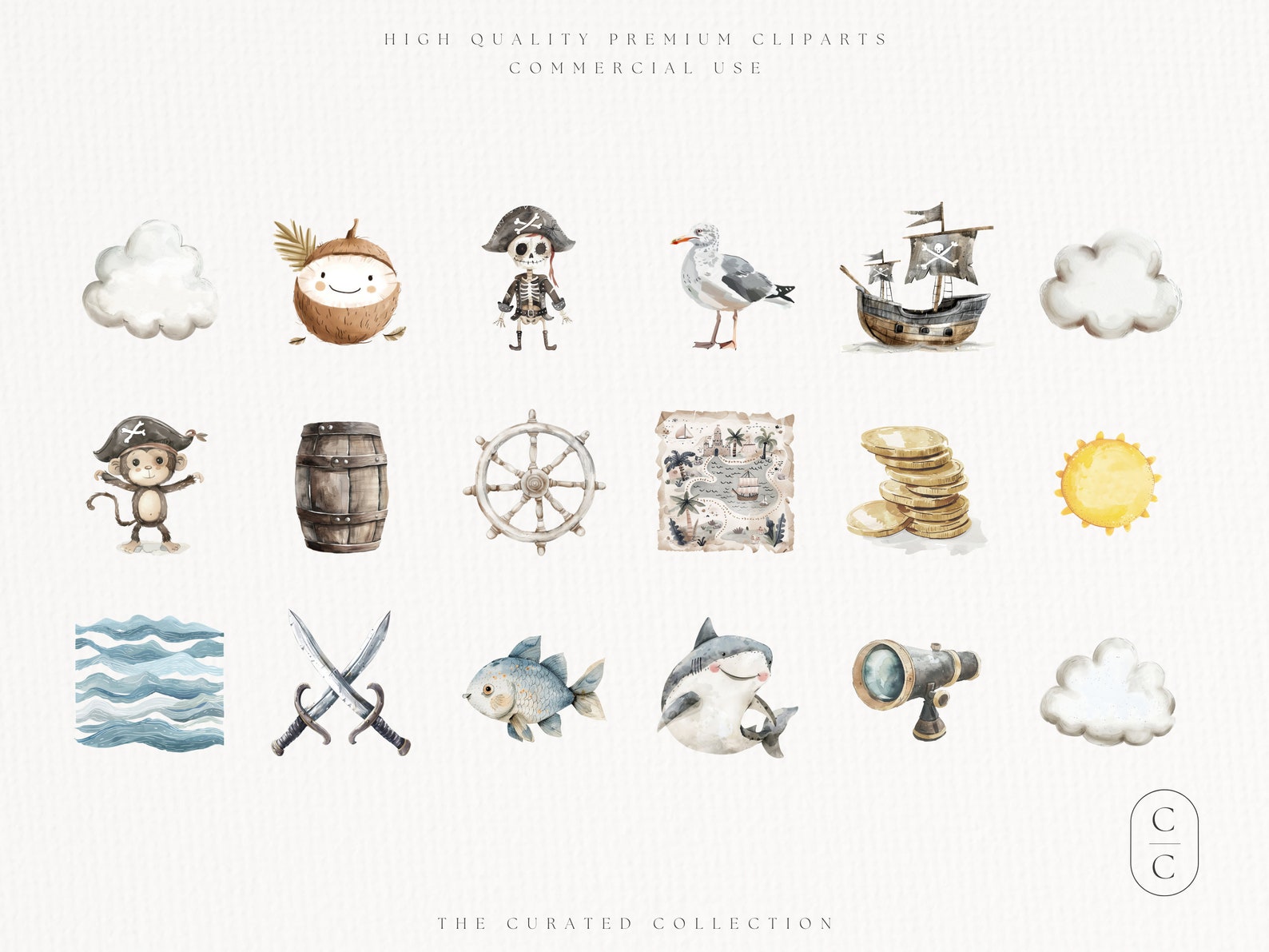 Watercolor Pirate Clipart, Kids Pirate Theme Birthday Party Clip Art ...