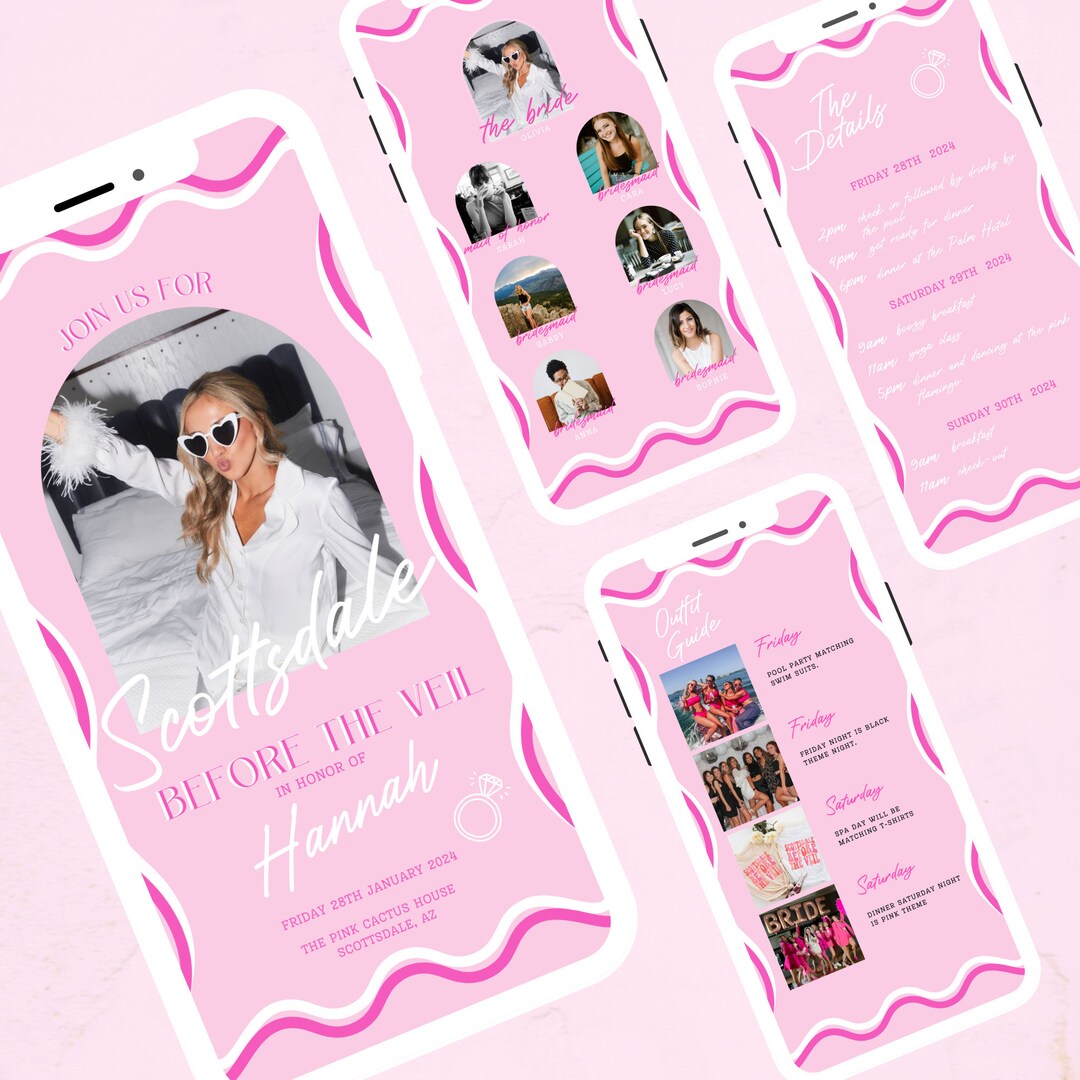 Scottsdale Bachelorette Invitation & Schedule: Pink Wavy Theme (digital ...
