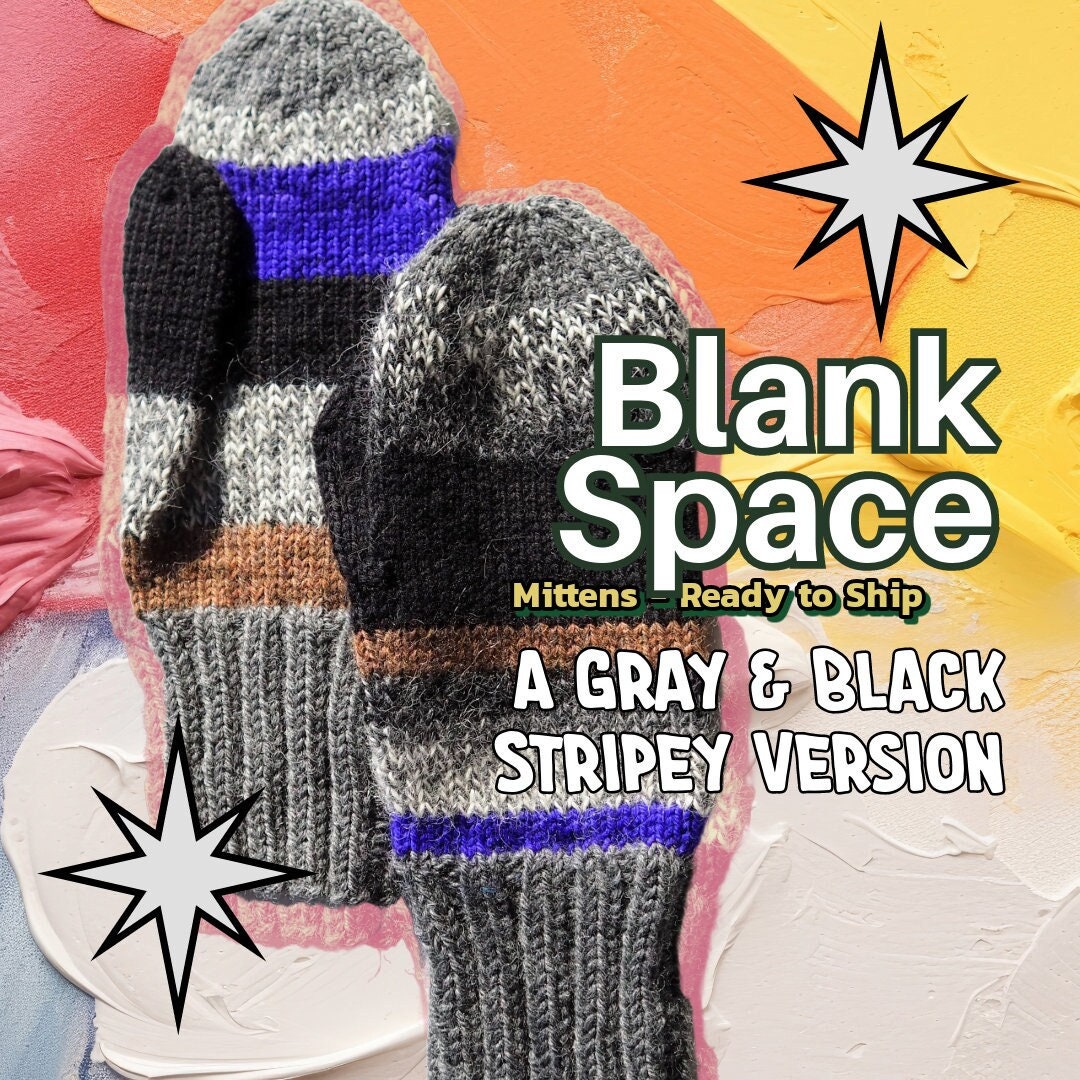 READY TO SHIP - Blank Space Gray and Black Stripey Hand-knit Mittens in ...