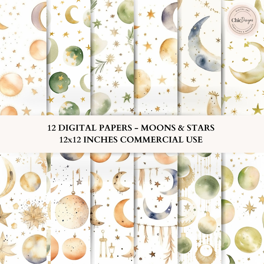 Olive and Beige Moon & Stars Boho Seamless Digital Papers, Boho ...