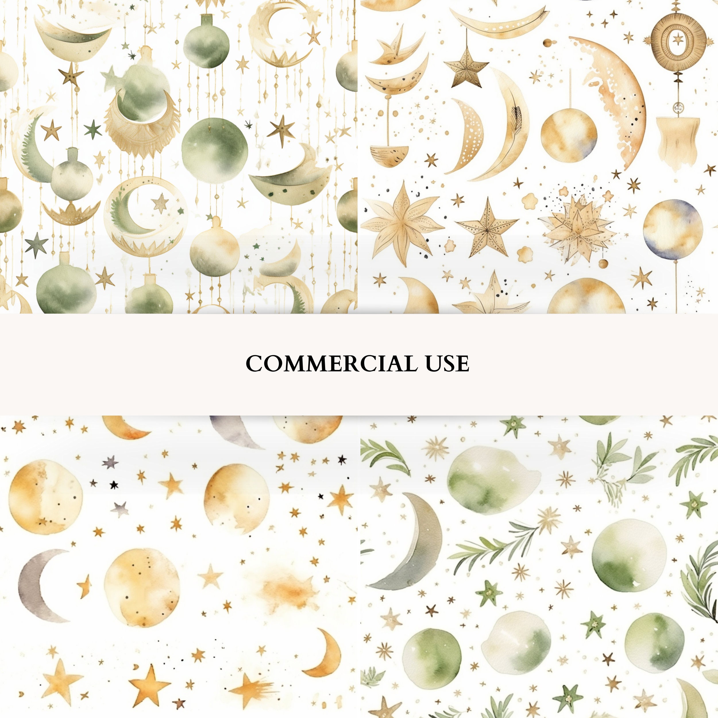 Olive and Beige Moon & Stars Boho Seamless Digital Papers, Boho ...