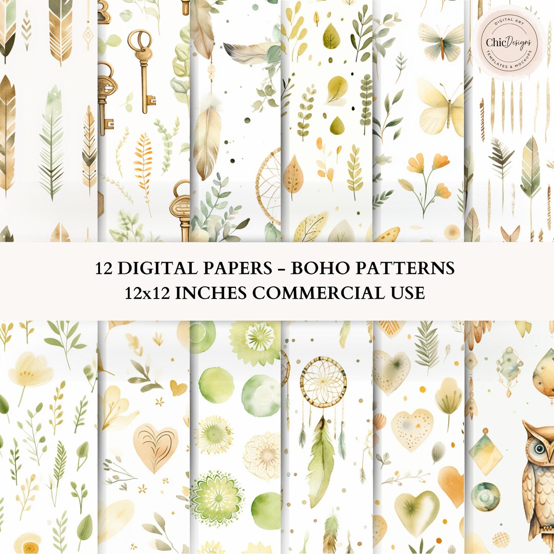 Boho Patterns, Seamless Digital Papers, Boho Scrapbook Paper, Boho ...