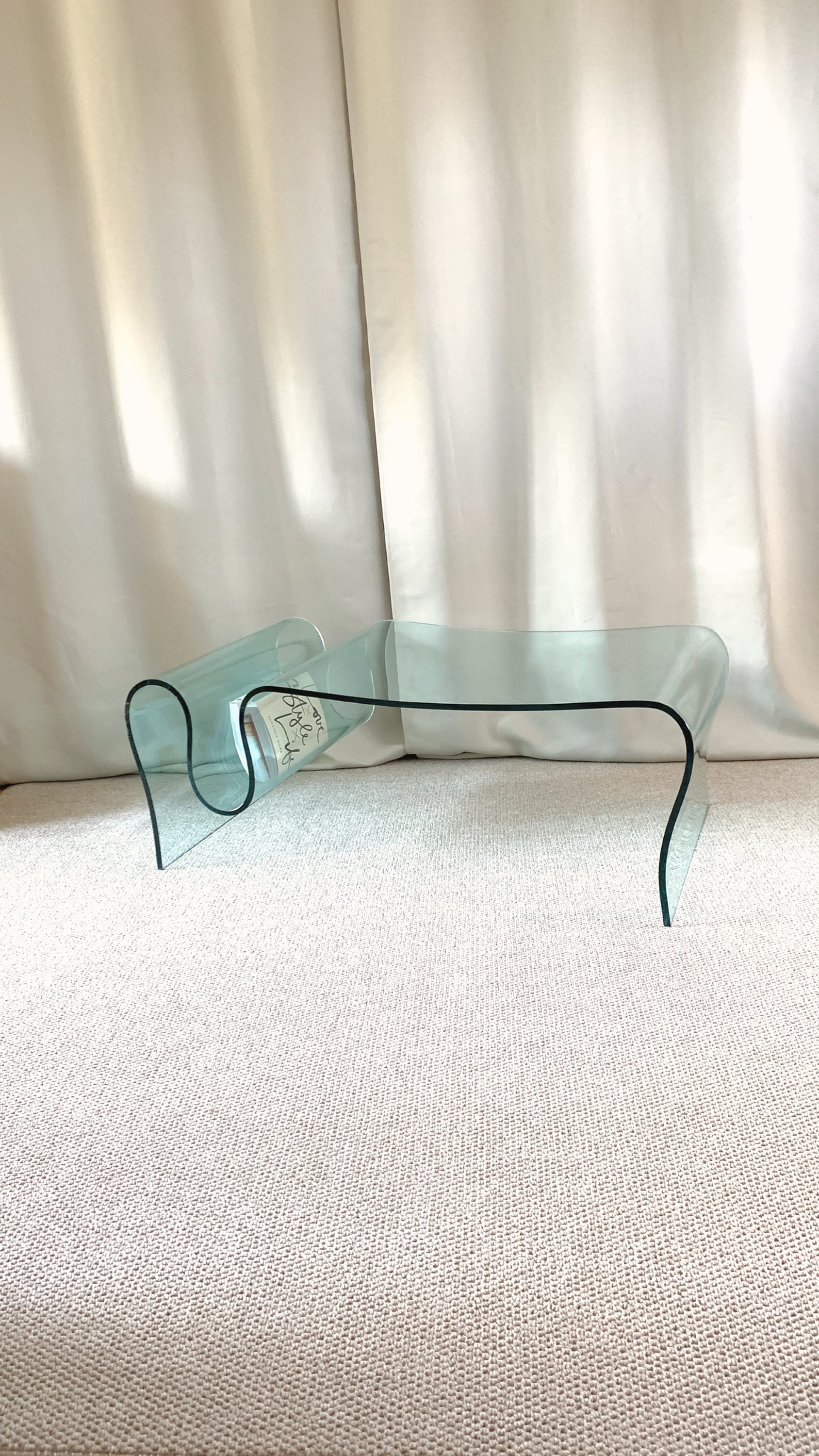 Curvy Tempered Glass Table With Magazine Rack / Vintage Wavy Frosted ...