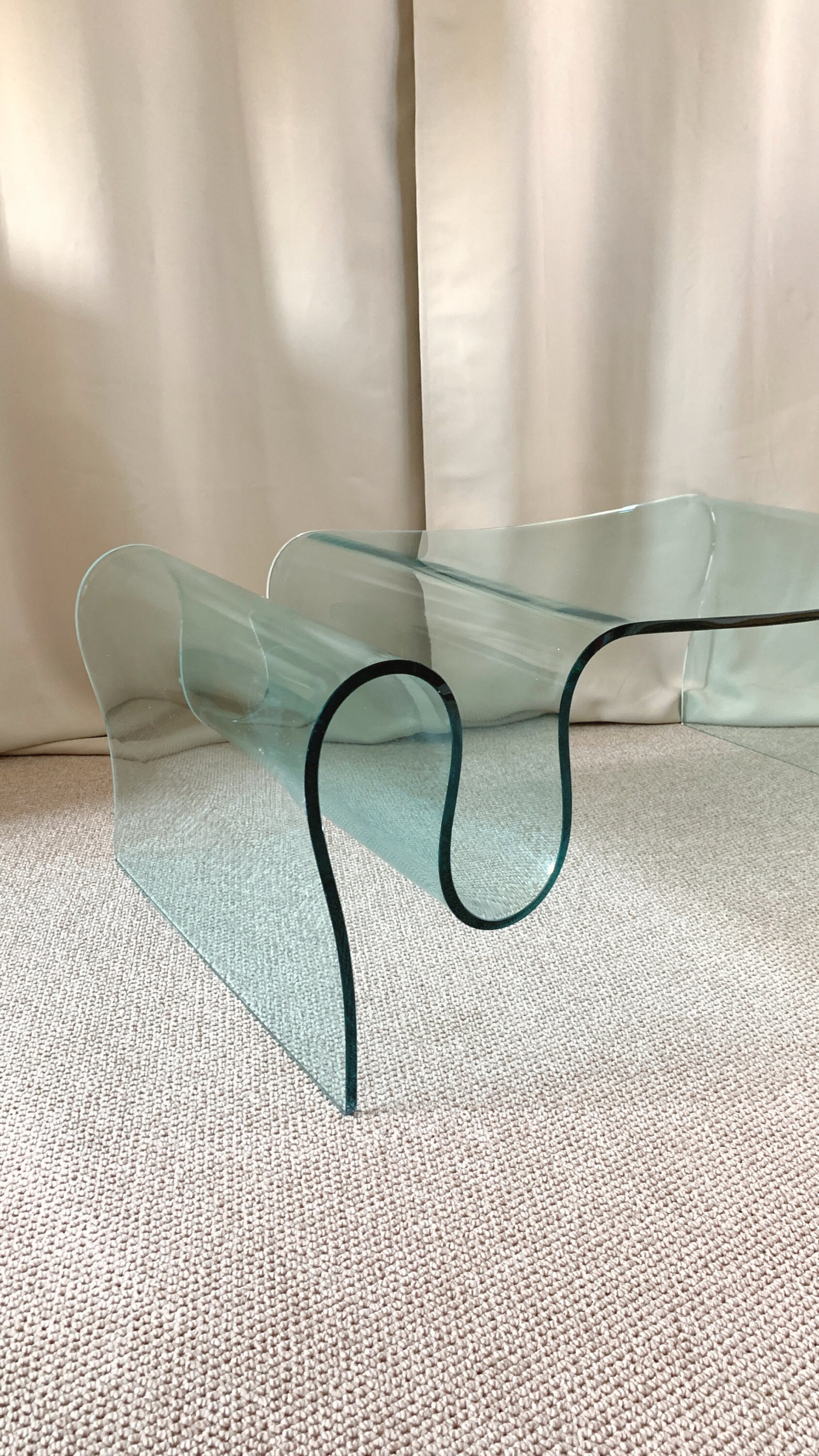 Curvy Tempered Glass Table With Magazine Rack / Vintage Wavy Frosted ...