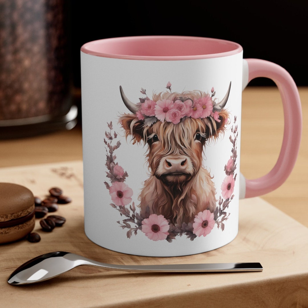Scottish Highland Cow Accent Mug, Funny 11oz Coffee Mug, Cute Pink ...