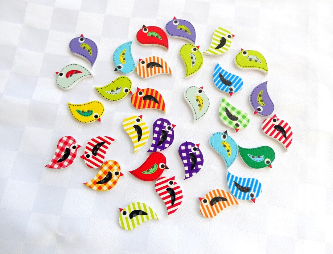 6 X Cute Bird/ Robin Bird Wooden Buttons, 27mm X 22mm Size, 2-hole ...