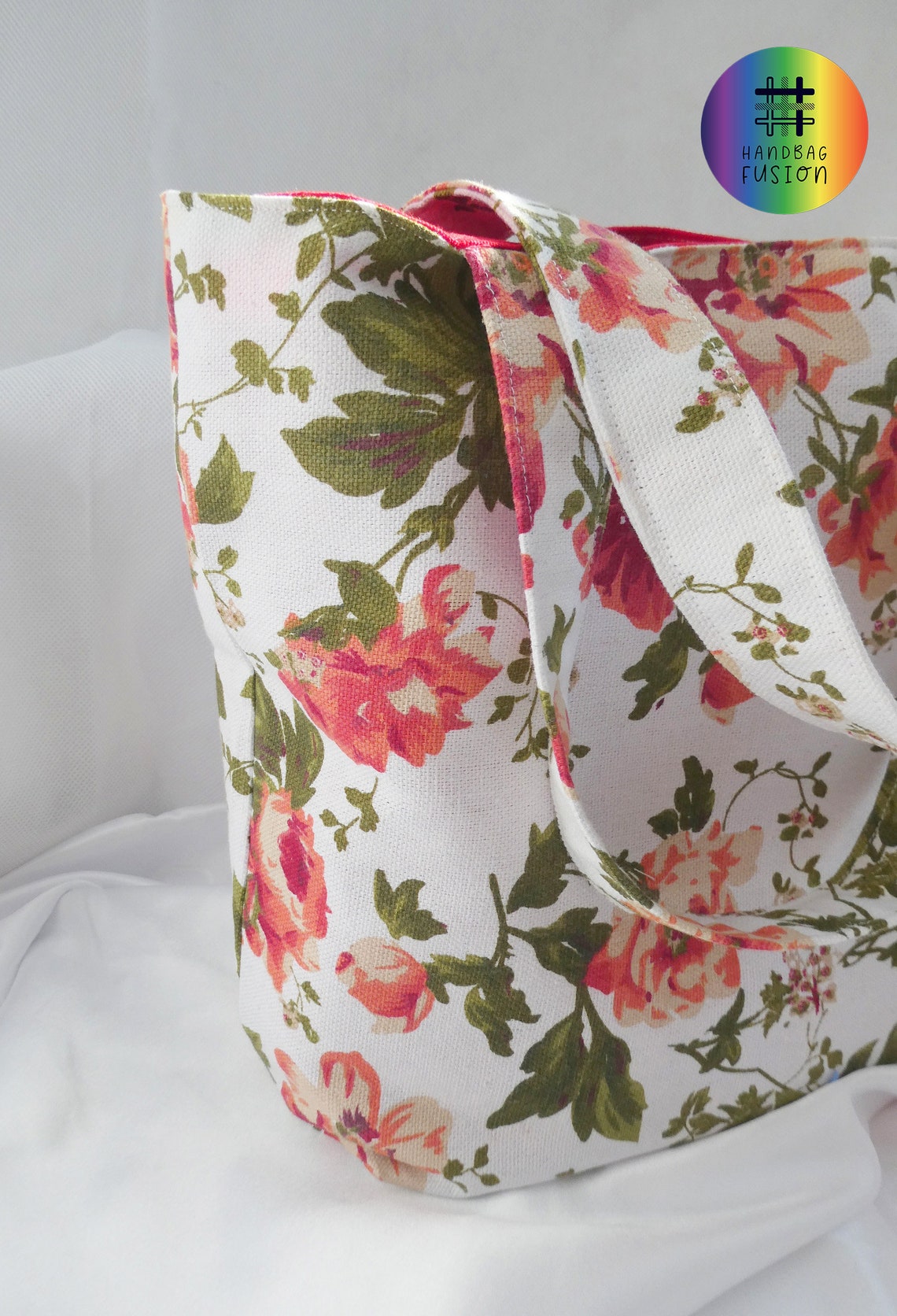 Roses Print Small Tote Bag, Floral Print Hand Bag, White Pink Peach ...