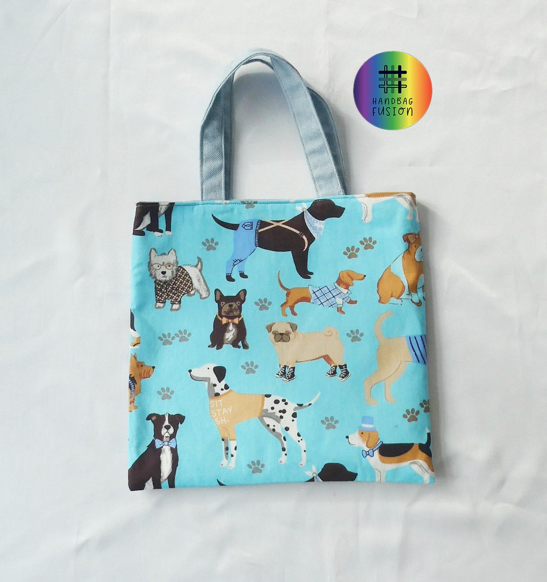 Mini Tote, Cute Dog Print Tote Bag, Small Handbag Doggie Design, Cotton ...