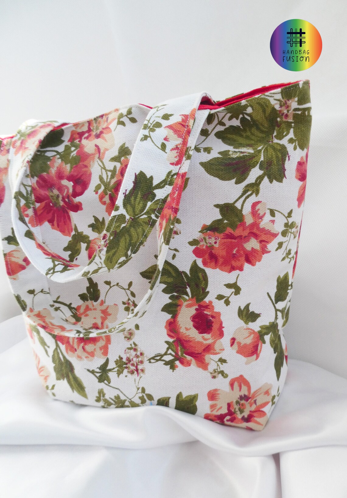 Roses Print Small Tote Bag, Floral Print Hand Bag, White Pink Peach ...