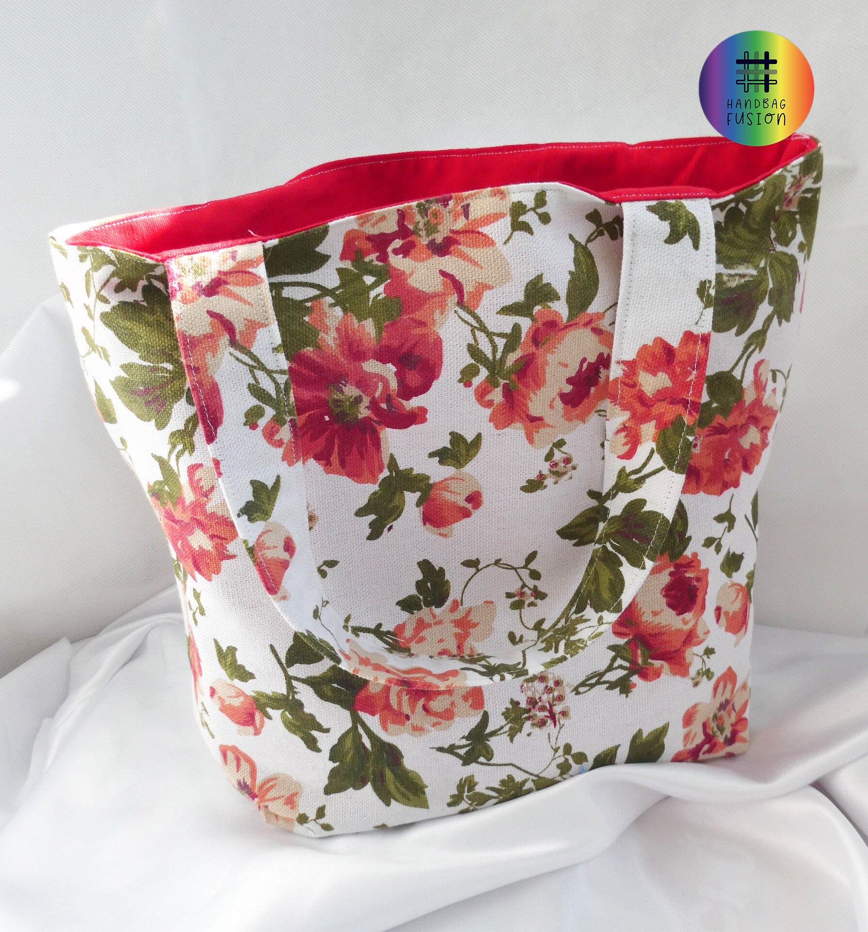 Roses Print Small Tote Bag, Floral Print Hand Bag, White Pink Peach ...