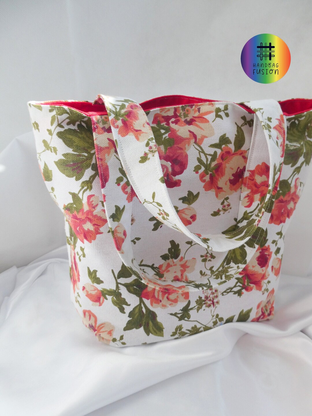 Roses Print Small Tote Bag, Floral Print Hand Bag, White Pink Peach ...