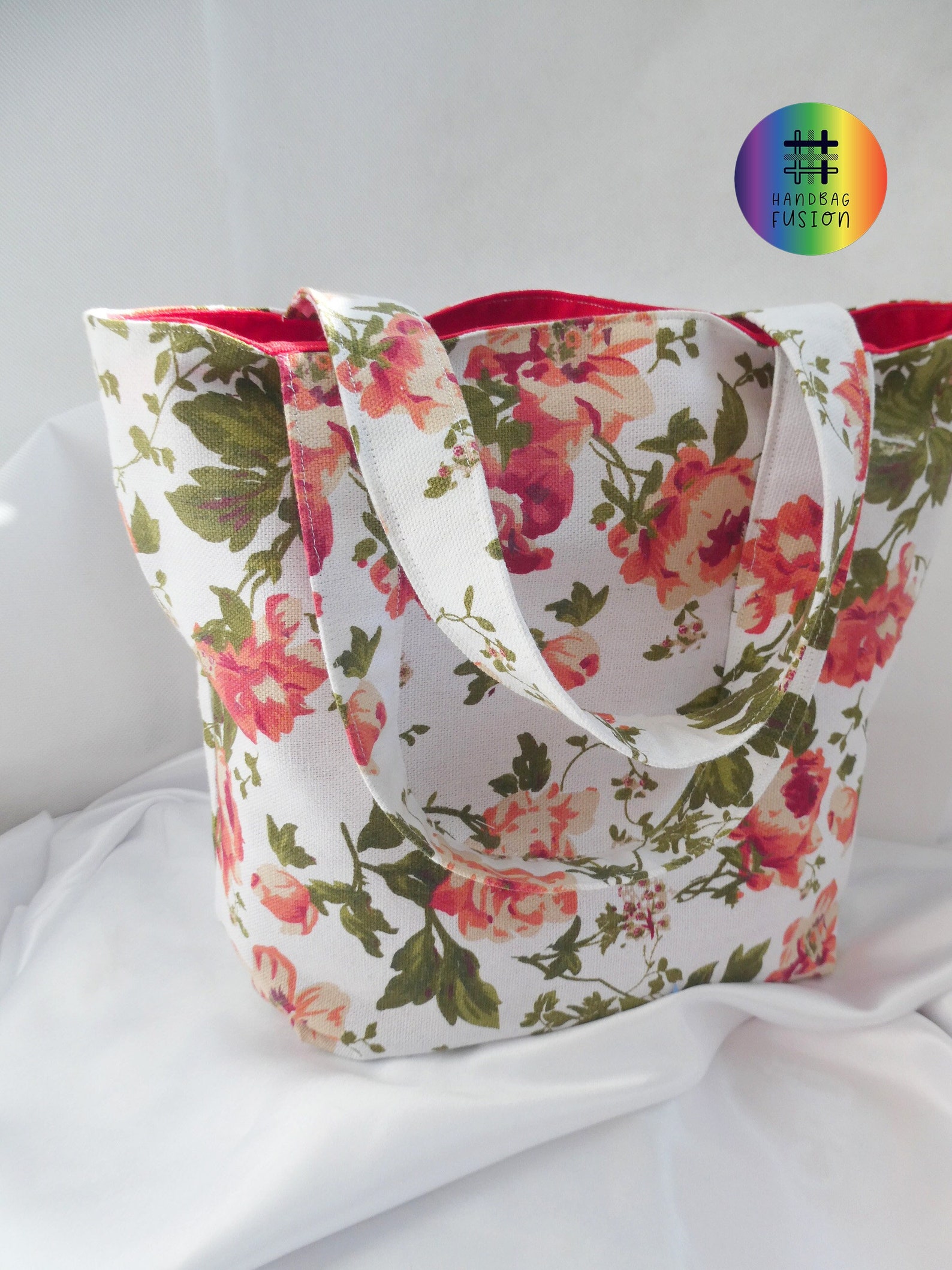 Roses Print Small Tote Bag, Floral Print Hand Bag, White Pink Peach ...