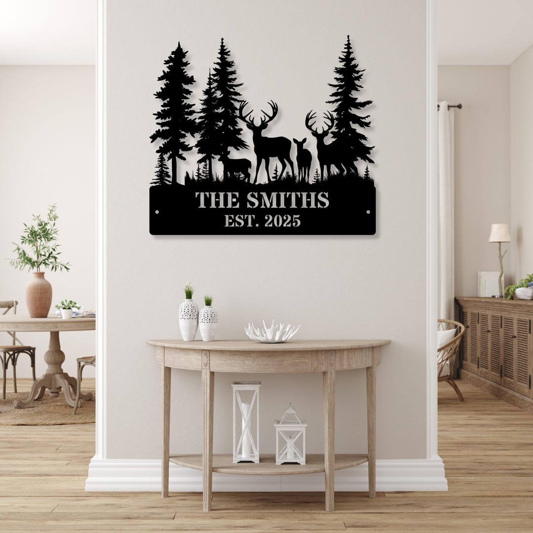 Custom Deer Forest Metal Sign, Personalized Deer Family Name Sign, Last ...
