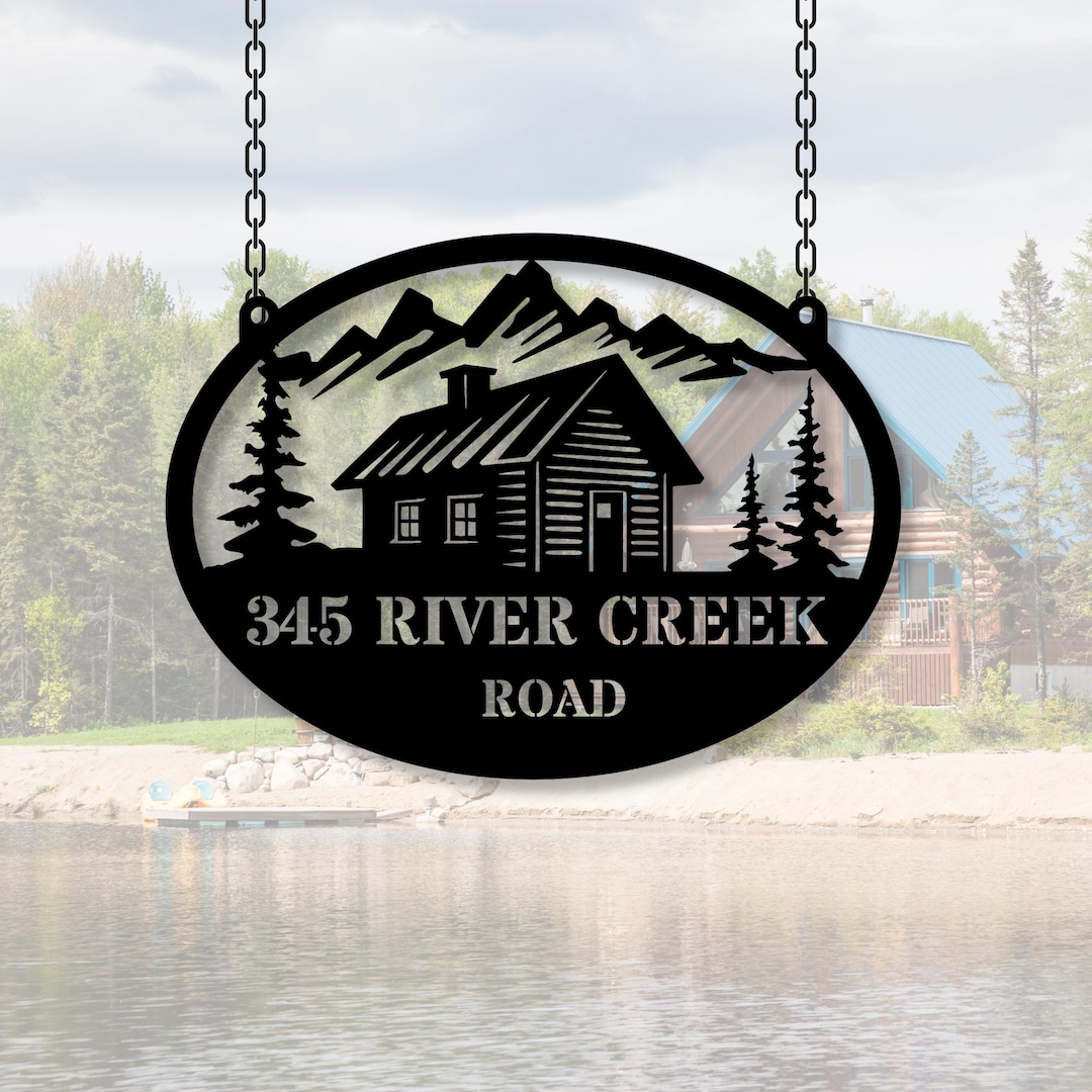 Custom Mountain Cabin Metal Sign, Personalized Cabin Address Sign ...