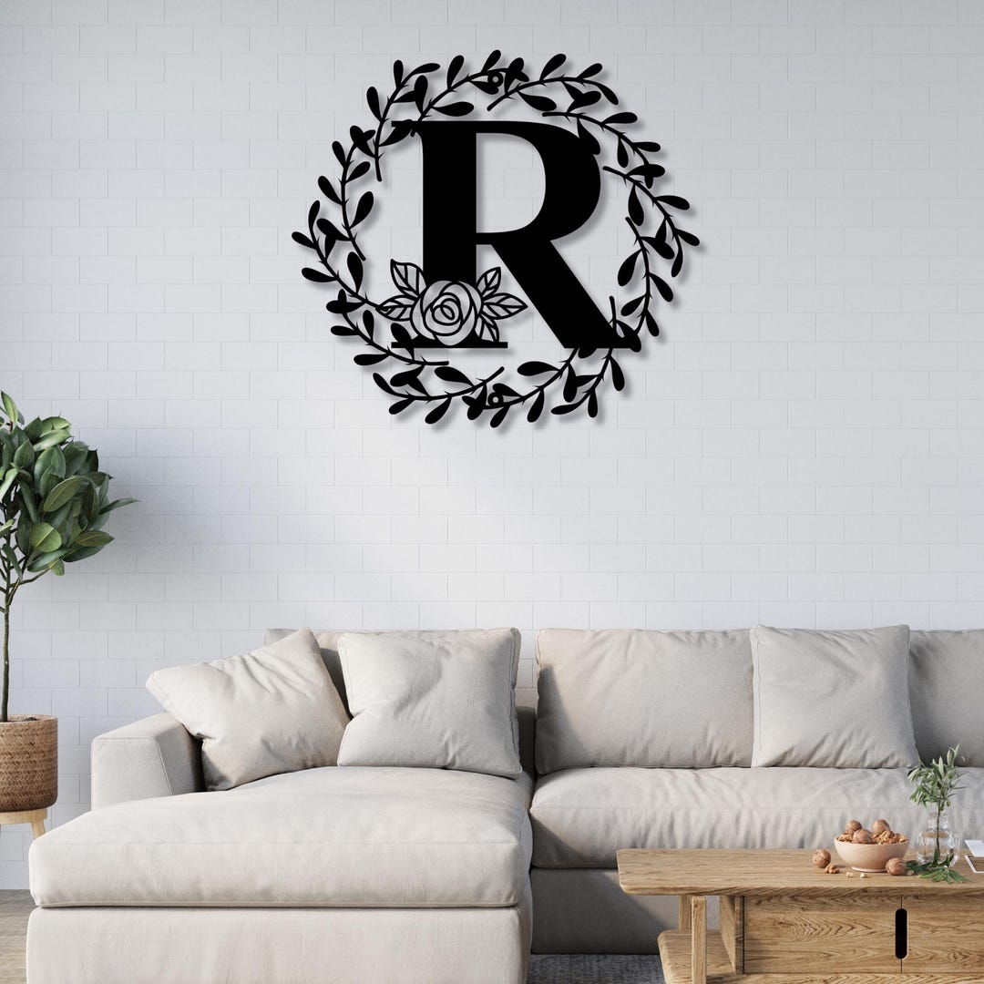 Custom Floral Initial Letter Metal Sign, Monogram Initial Metal Sign ...