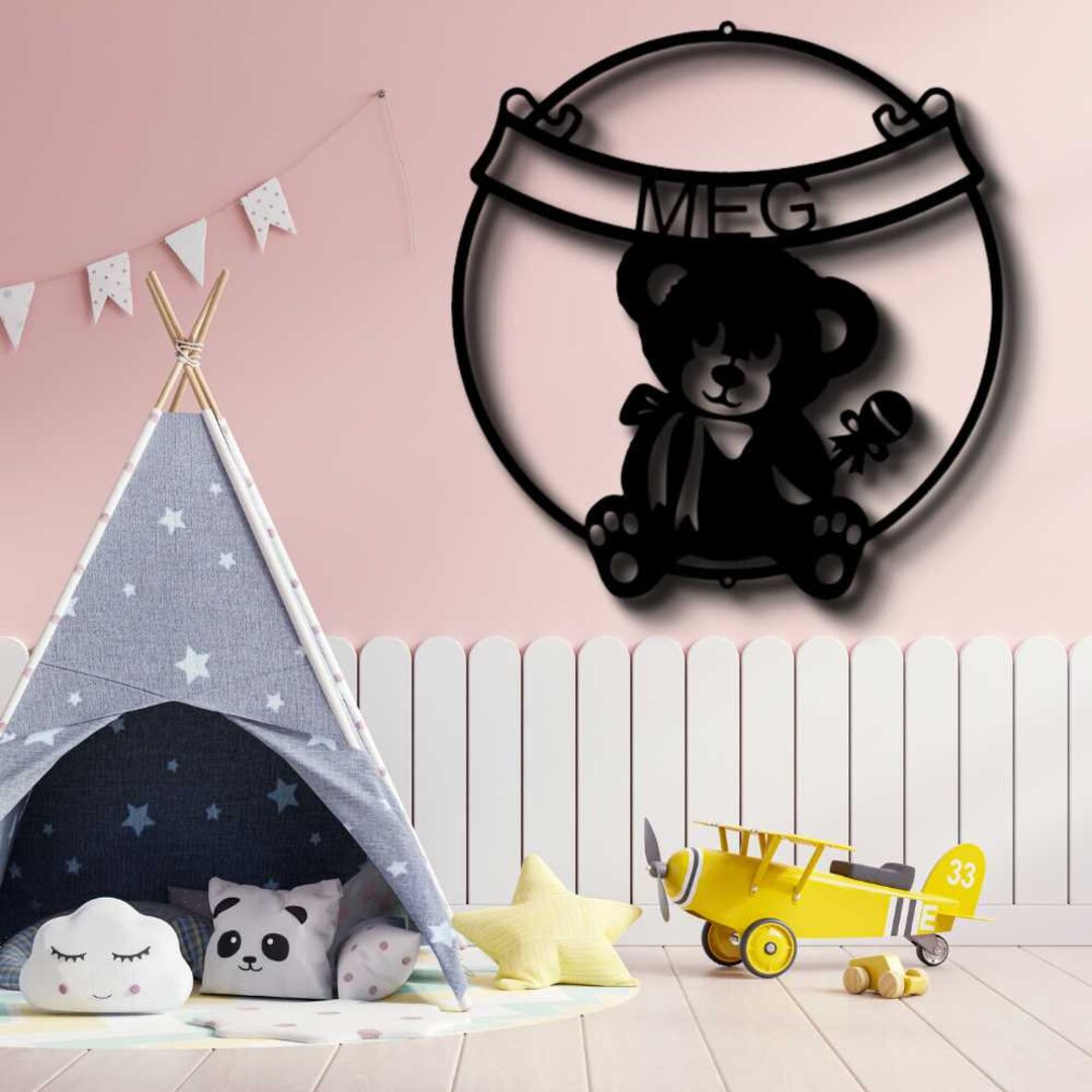 Custom Teddy Bear Metal Sign, Personalized Name Teddy Wall Decor, Kids ...