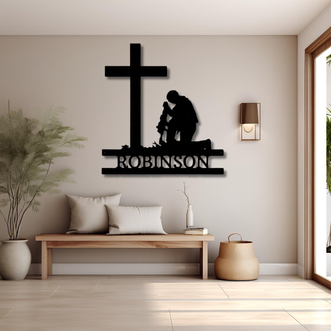 Kneeling Soldier Monogram Metal Sign, Cross Metal Sign, Veteran Gift ...