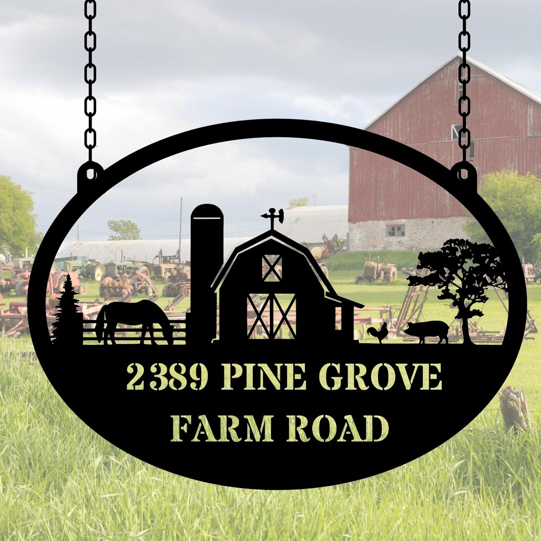 Personalized Farm House Hanging Metal Address Sign, Horse or Pig Farm ...