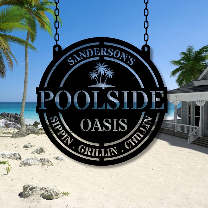 Personalized Poolside Oasis Metal Sign, Outdoor Decor, Pool Signs for ...
