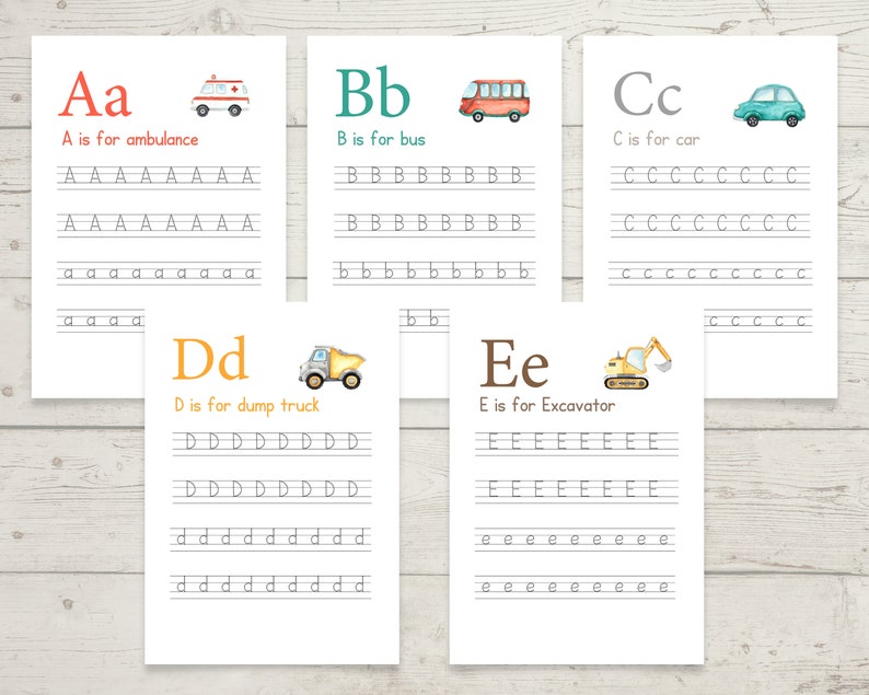 26 Alphabet Tracing Worksheets | Transport Design | Upper & Lowercase ...