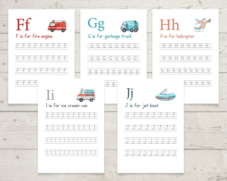 26 Alphabet Tracing Worksheets | Transport Design | Upper & Lowercase ...