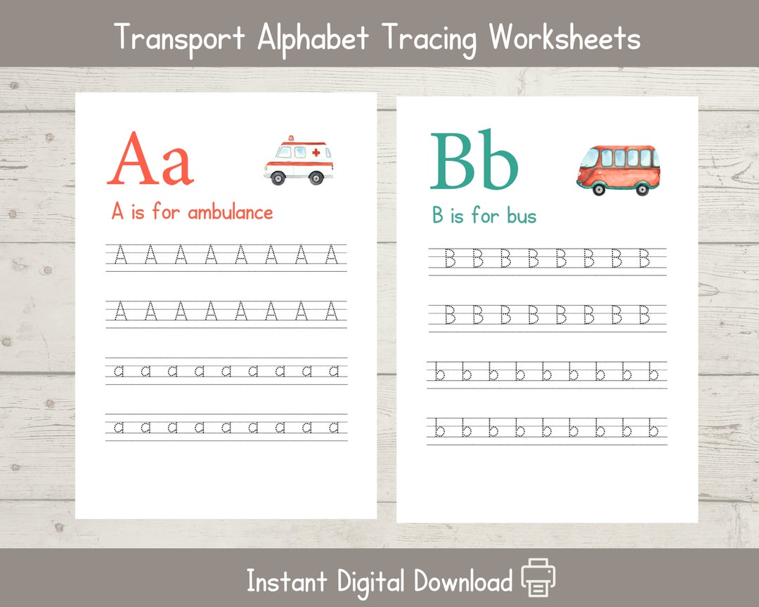26 Alphabet Tracing Worksheets | Transport Design | Upper & Lowercase ...