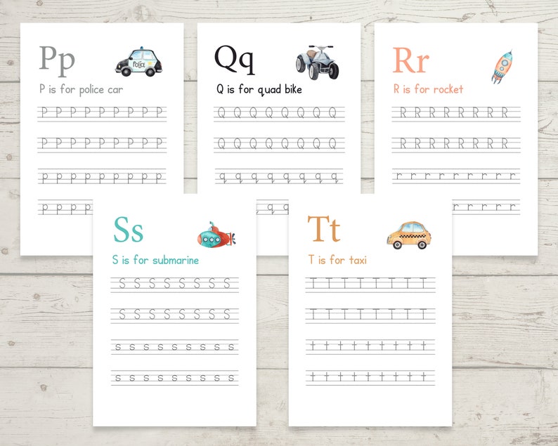 26 Alphabet Tracing Worksheets | Transport Design | Upper & Lowercase ...