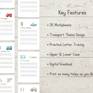 26 Alphabet Tracing Worksheets | Transport Design | Upper & Lowercase ...