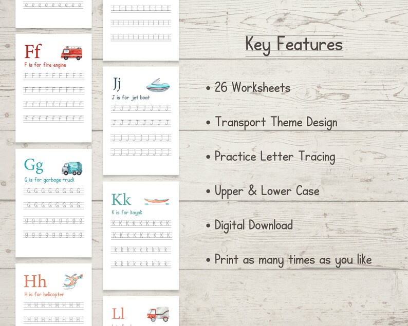 26 Alphabet Tracing Worksheets | Transport Design | Upper & Lowercase ...