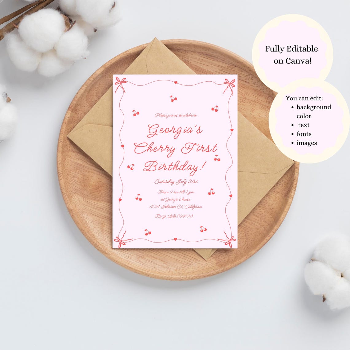 Cherry First Birthday Invite, Instant Download, Ma Cherie, 1st Birthday ...