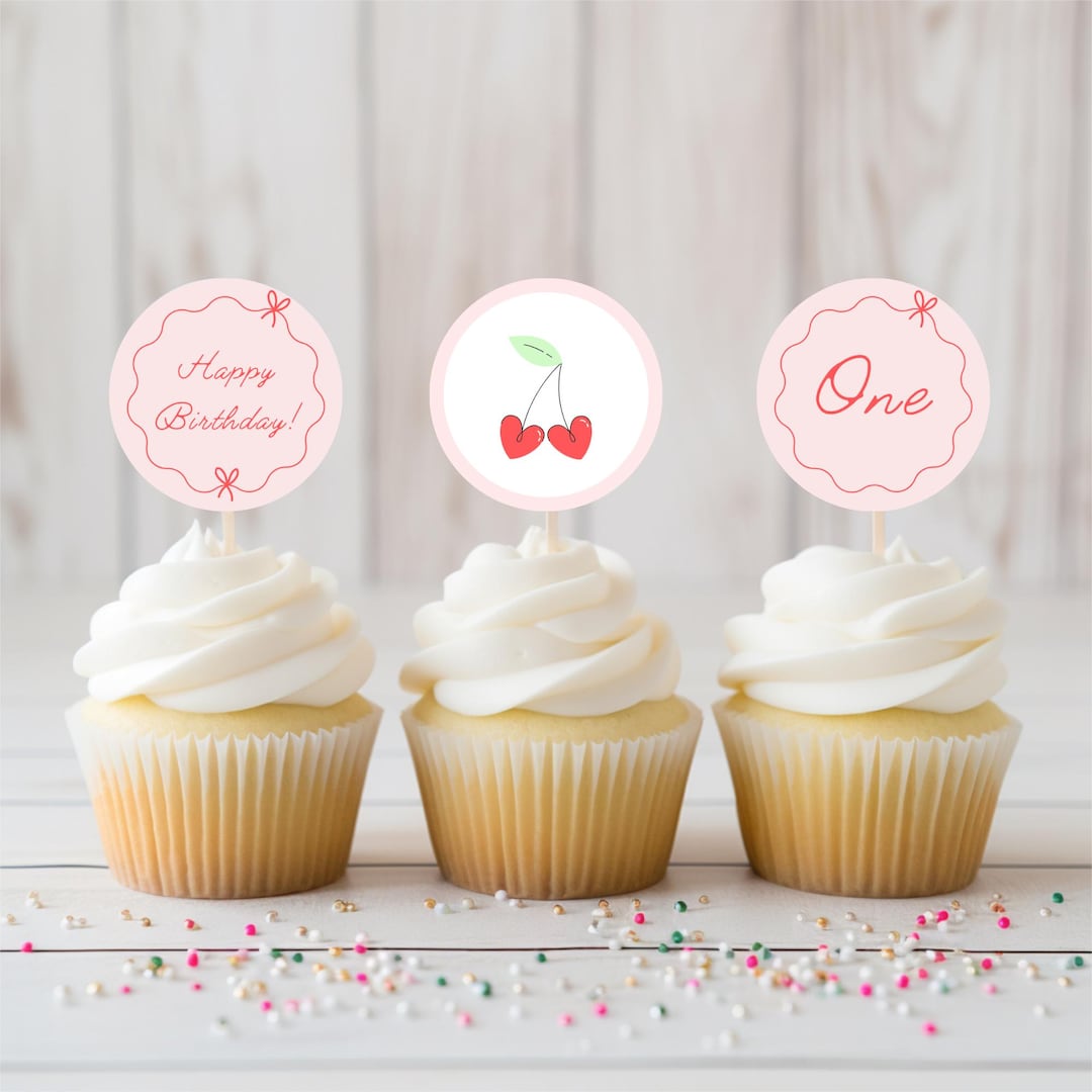 Cherry First Cupcake Toppers INSTANT DOWNLOAD, Custom Party Decorations ...