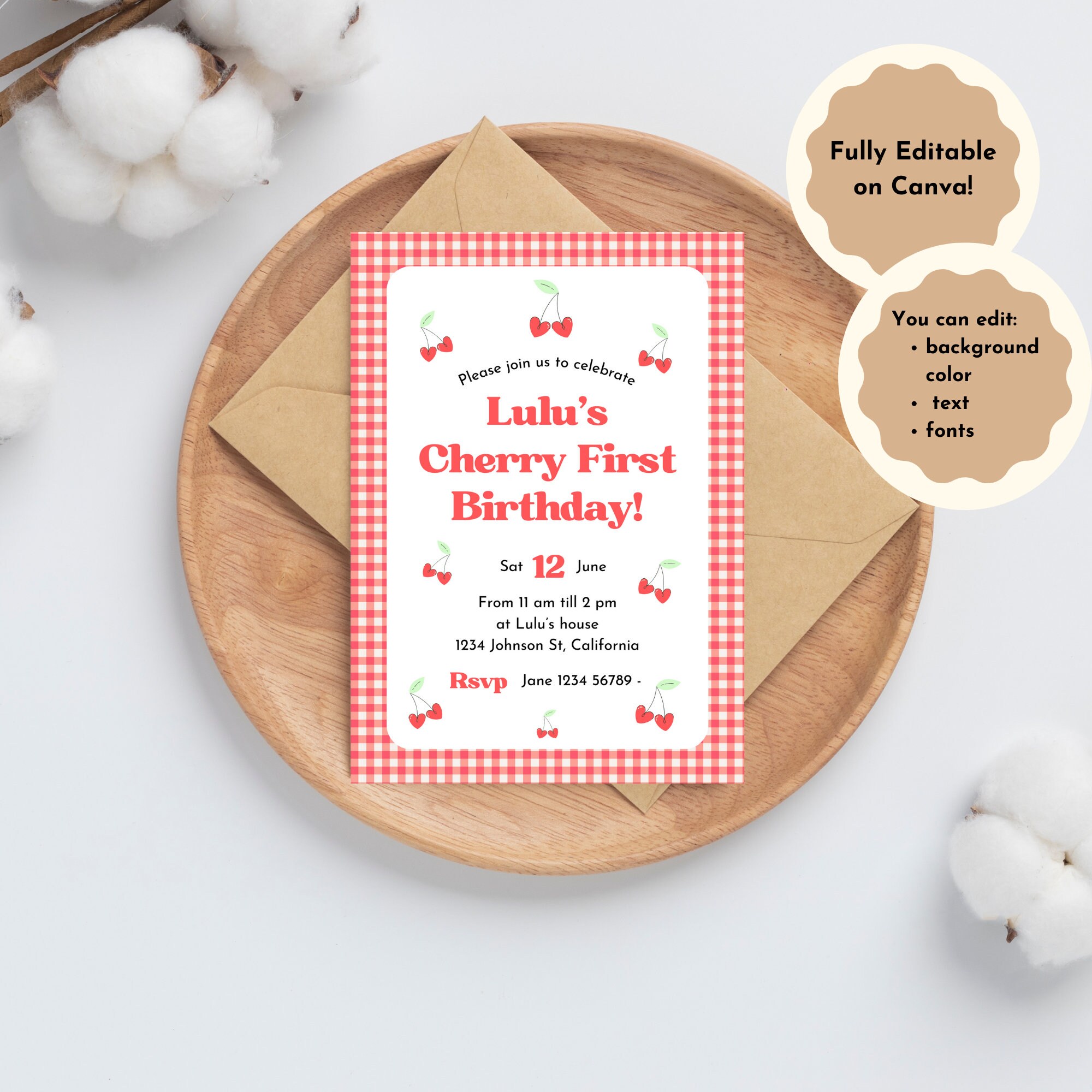 Cherry First Birthday Invitation INSTANT DOWNLOAD 1st Birthday Invite ...