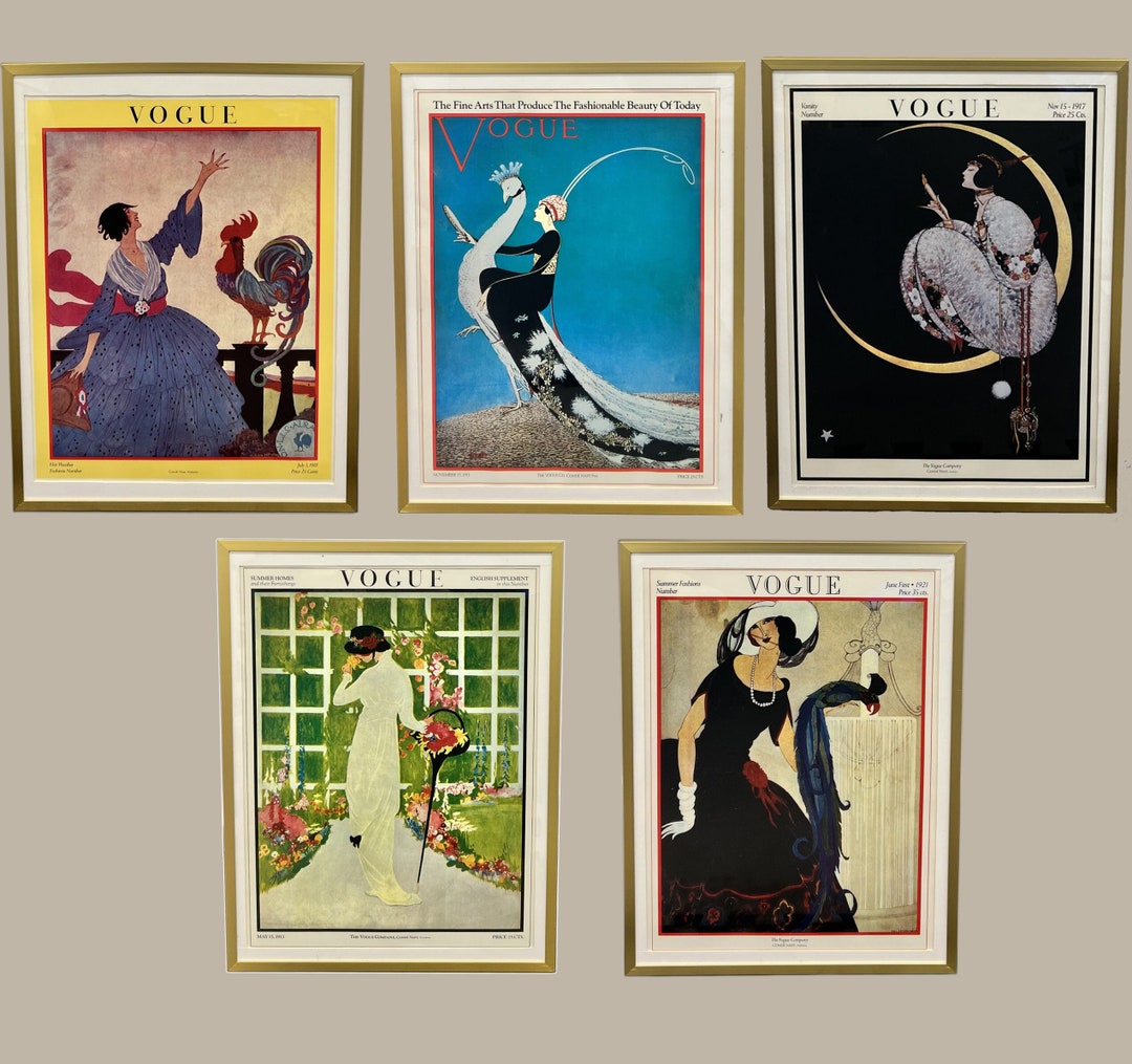 Set of 5 Authentic Vintage Print Vogue Cover Posters Gold Framed 16 1/4 ...