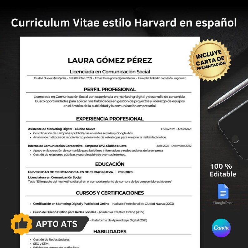 Harvard Style Resume Template | Editable Professional CV | ATS Ready ...