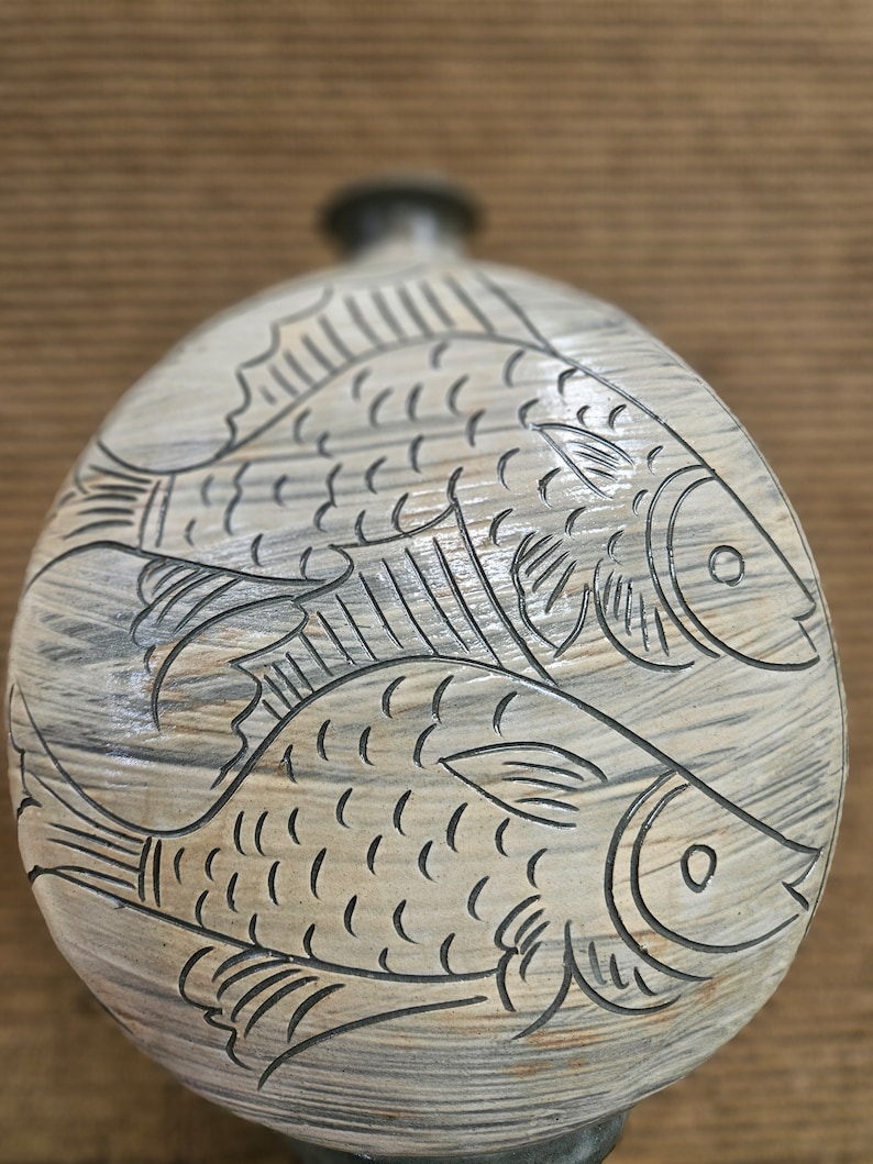 Buncheong Flask With Fish and Flowering Lotus. 15th-century Korean ...