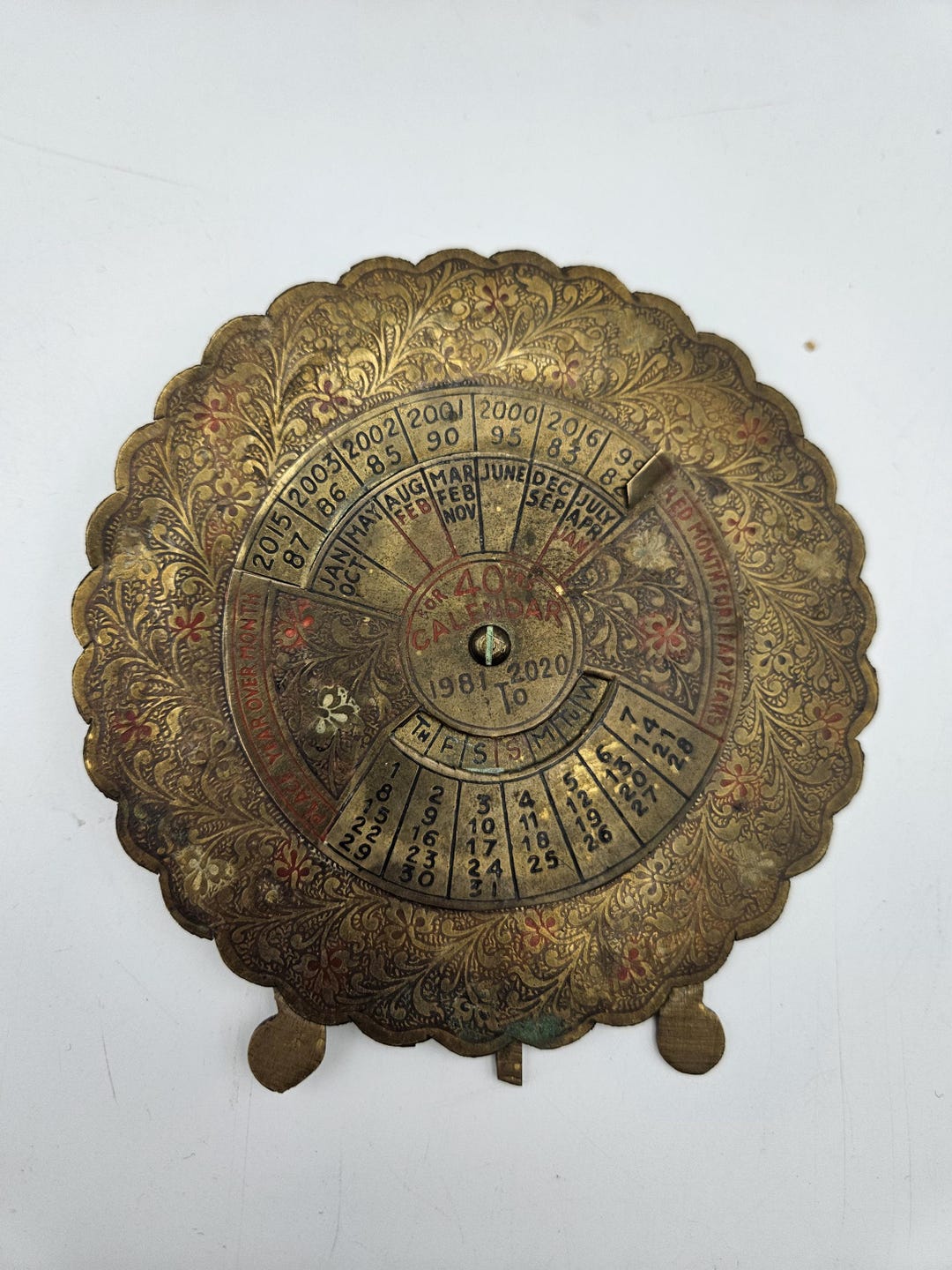 Vintage Brass Calendar, 40-year Calendar, Vintage Round Brass Desk ...