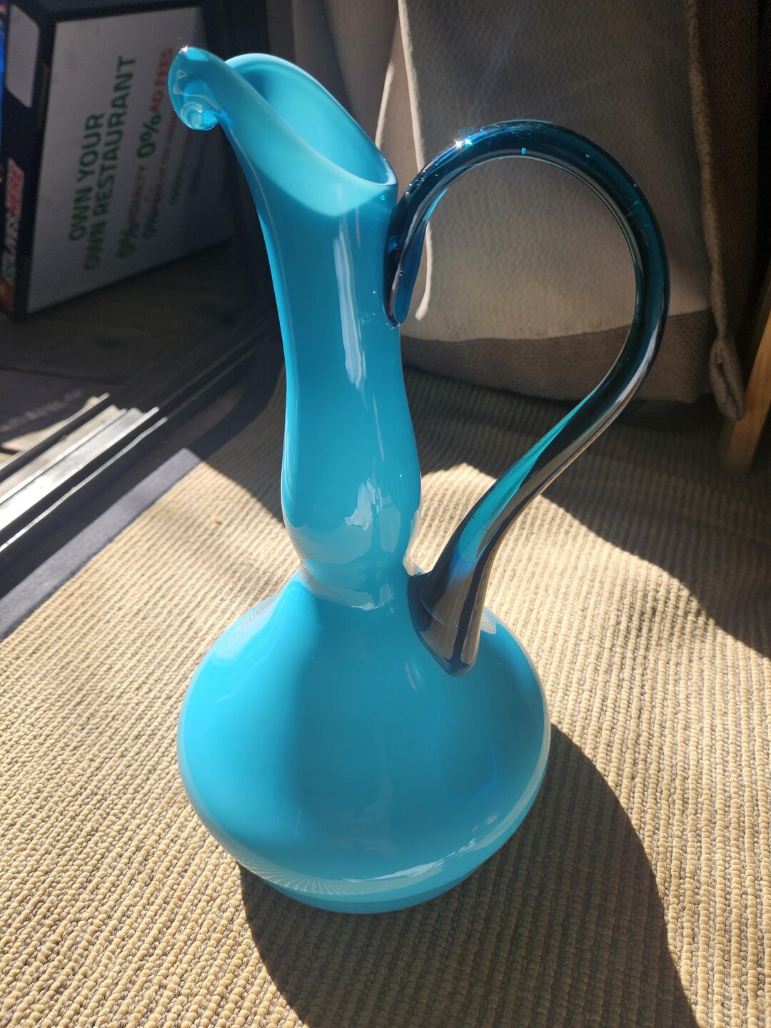 Empoli Turquoise White Cased Glass Ewer Pitcher Italy Mid Century ...